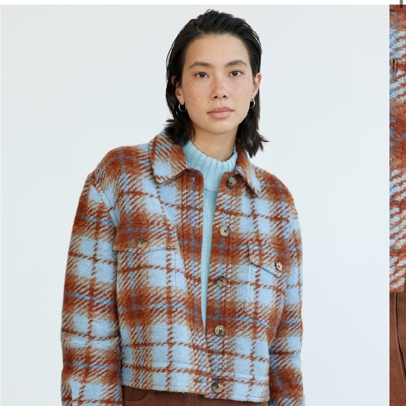 Wilfred | Jackets & Coats | Wilfred Blue And Brown Plaid Teddy Jacket ...